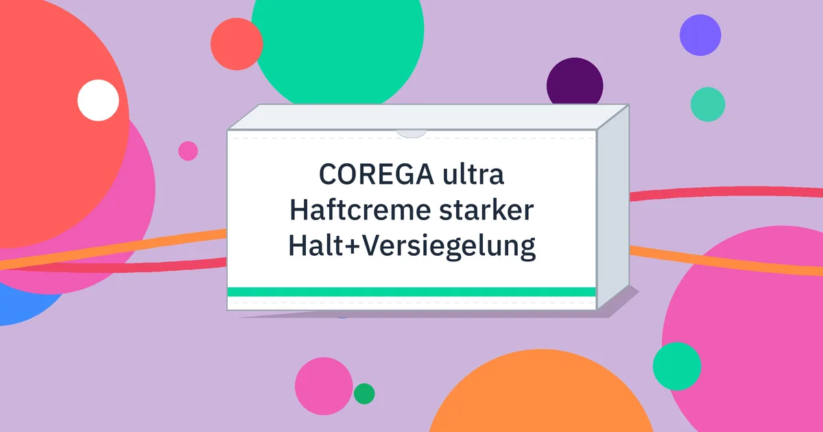 Symbolbild: Packung mit der Aufschrift COREGA ultra Haftcreme starker Halt+Versiegelung (PZN 19283963) – Verfügbarkeit und Bezug in Apotheken in Frankfurt am Main