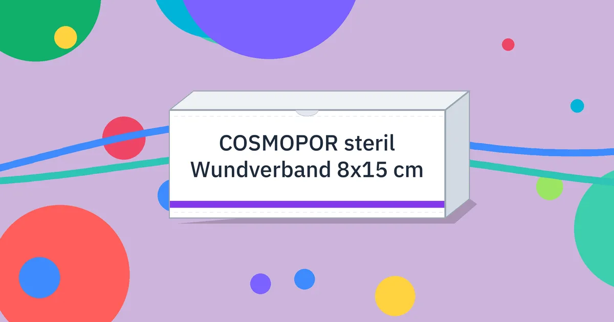 Symbolbild: Packung mit der Aufschrift COSMOPOR steril Wundverband 8x15 cm (PZN 20101772) – Verfügbarkeit und Bezug in Apotheken in Frankfurt am Main