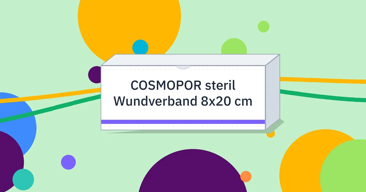 Symbolbild: Packung mit der Aufschrift COSMOPOR steril Wundverband 8x20 cm (PZN 12577785) – Verfügbarkeit und Bezug in Apotheken in Frankfurt am Main