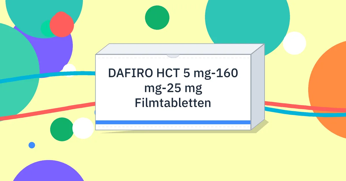 Symbolbild: Packung mit der Aufschrift DAFIRO HCT 5 mg-160 mg-25 mg Filmtabletten (PZN 11662566) – Verfügbarkeit und Bezug in Apotheken in Frankfurt am Main