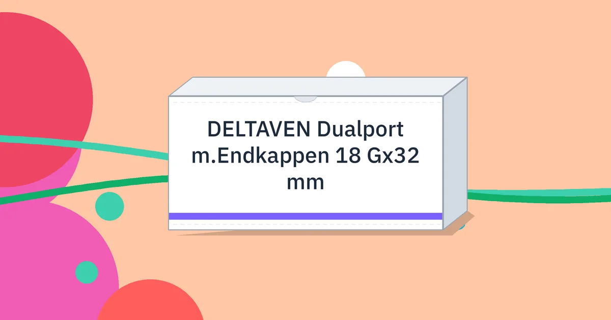 Symbolbild: Packung mit der Aufschrift DELTAVEN Dualport m.Endkappen 18 Gx32 mm (PZN 20365347) – Verfügbarkeit und Bezug in Apotheken in Frankfurt am Main