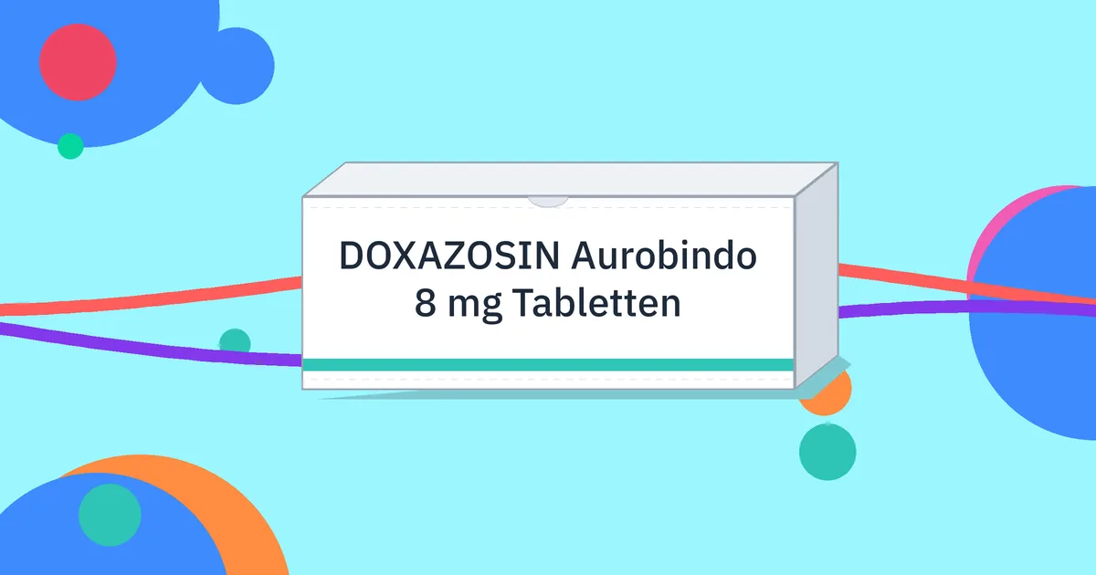 Symbolbild: Packung mit der Aufschrift DOXAZOSIN Aurobindo 8 mg Tabletten (PZN 09673663) – Verfügbarkeit und Bezug in Apotheken in Frankfurt am Main