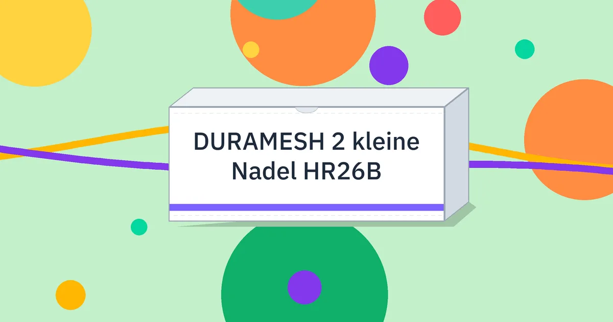 Symbolbild: Packung mit der Aufschrift DURAMESH 2 kleine Nadel HR26B (PZN 18883715) – Verfügbarkeit und Bezug in Apotheken in Frankfurt am Main