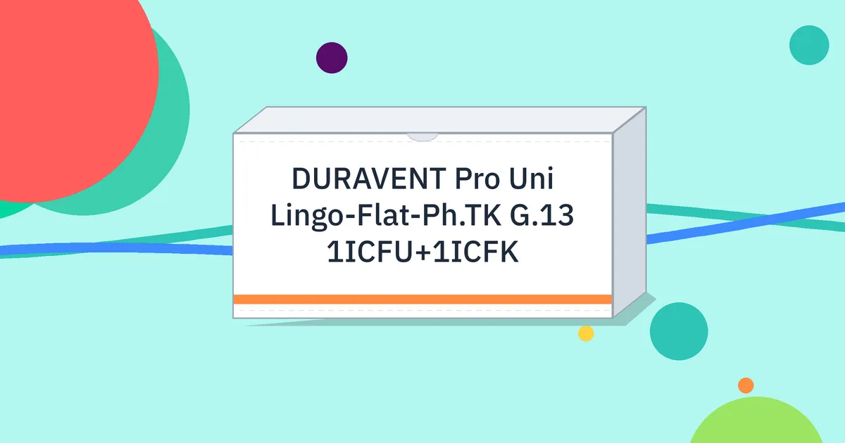 Symbolbild: Packung mit der Aufschrift DURAVENT Pro Uni Lingo-Flat-Ph.TK G.13 1ICFU+1ICFK (PZN 19273054) – Verfügbarkeit und Bezug in Apotheken in Frankfurt am Main