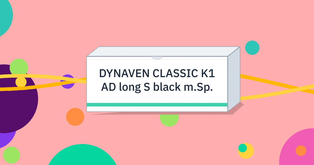 Symbolbild: Packung mit der Aufschrift DYNAVEN CLASSIC K1 AD long S black m.Sp. (PZN 18414742) – Verfügbarkeit und Bezug in Apotheken in Frankfurt am Main