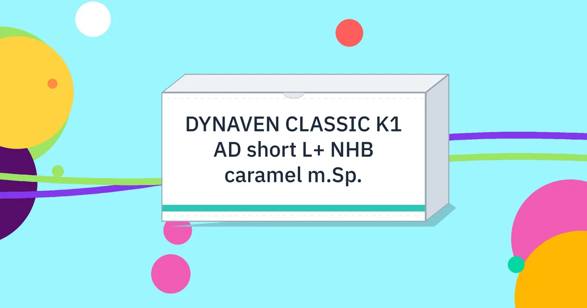 Symbolbild: Packung mit der Aufschrift DYNAVEN CLASSIC K1 AD short L+ NHB caramel m.Sp. (PZN 18415279) – Verfügbarkeit und Bezug in Apotheken in Frankfurt am Main