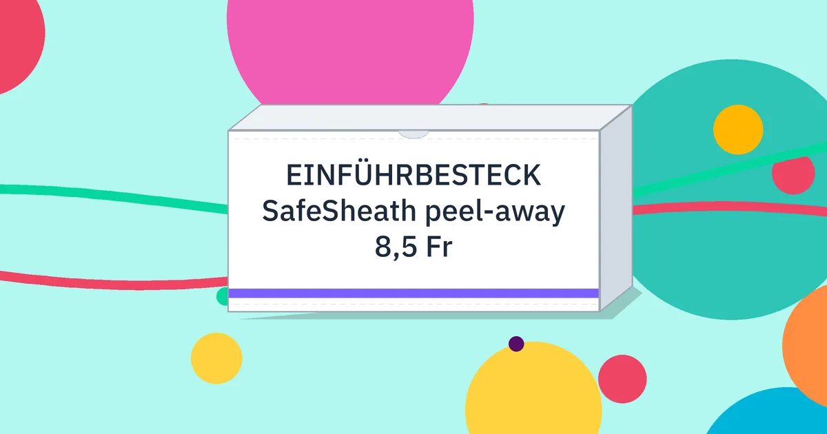 Symbolbild: Packung mit der Aufschrift EINFÜHRBESTECK SafeSheath peel-away 8,5 Fr (PZN 13574085) – Verfügbarkeit und Bezug in Apotheken in Frankfurt am Main