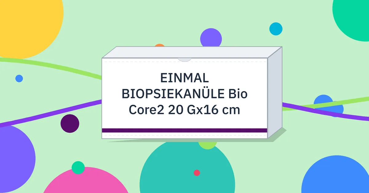 Symbolbild: Packung mit der Aufschrift EINMAL BIOPSIEKANÜLE Bio Core2 20 Gx16 cm (PZN 10184739) – Verfügbarkeit und Bezug in Apotheken in Frankfurt am Main