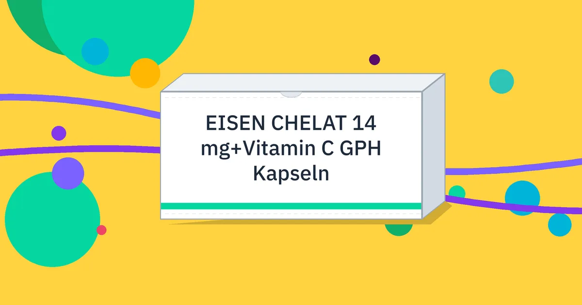 Symbolbild: Packung mit der Aufschrift EISEN CHELAT 14 mg+Vitamin C GPH Kapseln (PZN 10082312) – Verfügbarkeit und Bezug in Apotheken in Frankfurt am Main