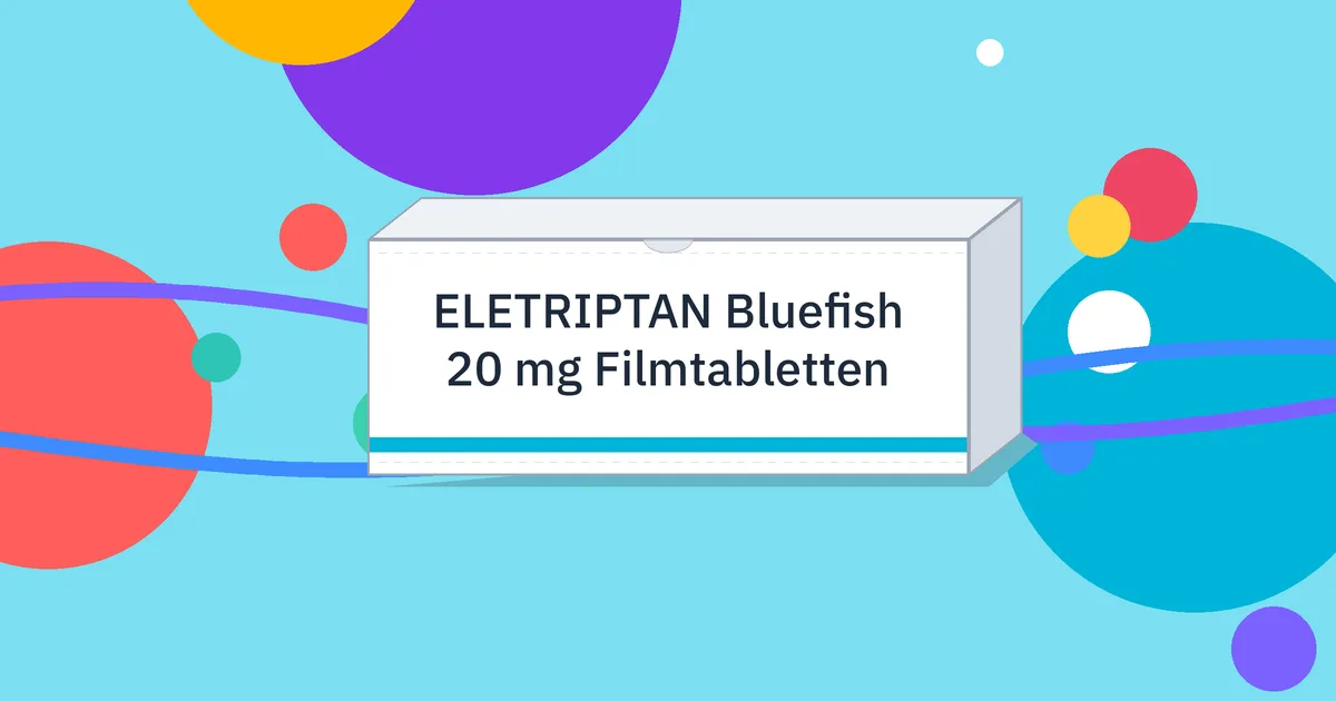 Symbolbild: Packung mit der Aufschrift ELETRIPTAN Bluefish 20 mg Filmtabletten (PZN 14292199) – Verfügbarkeit und Bezug in Apotheken in Frankfurt am Main