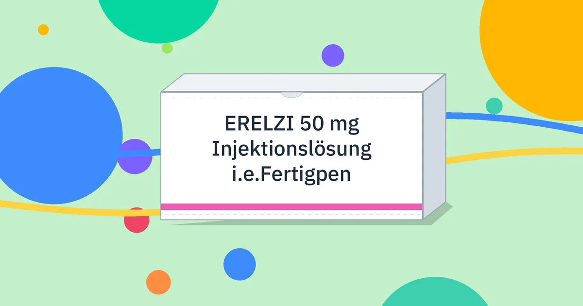 Symbolbild: Packung mit der Aufschrift ERELZI 50 mg Injektionslösung i.e.Fertigpen (PZN 15997453) – Verfügbarkeit und Bezug in Apotheken in Frankfurt am Main