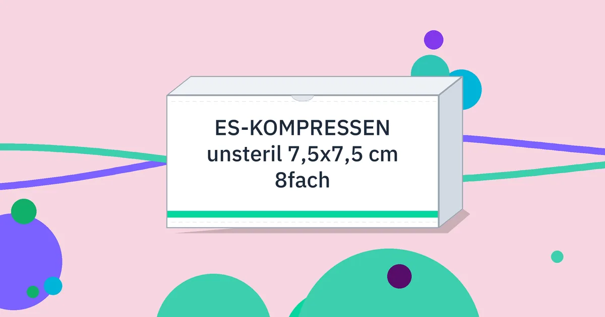 Symbolbild: Packung mit der Aufschrift ES-KOMPRESSEN unsteril 7,5x7,5 cm 8fach (PZN 00462143) – Verfügbarkeit und Bezug in Apotheken in Frankfurt am Main
