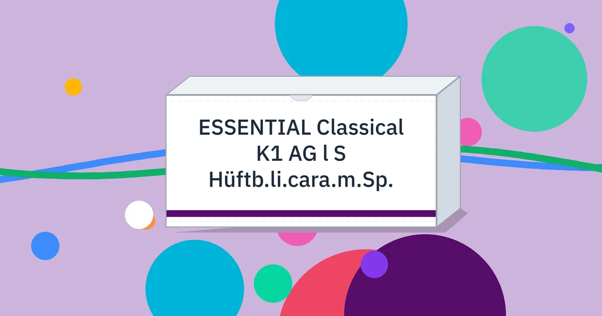 Symbolbild: Packung mit der Aufschrift ESSENTIAL Classical K1 AG l S Hüftb.li.cara.m.Sp. (PZN 17011539) – Verfügbarkeit und Bezug in Apotheken in Frankfurt am Main