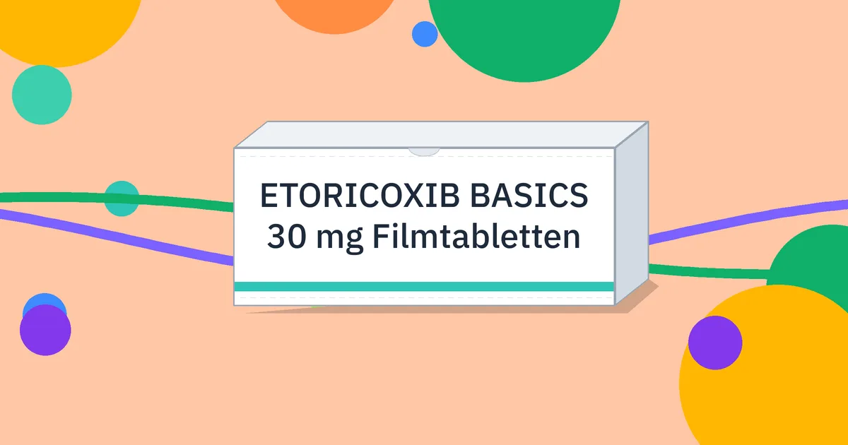 Symbolbild: Packung mit der Aufschrift ETORICOXIB BASICS 30 mg Filmtabletten (PZN 13153202) – Verfügbarkeit und Bezug in Apotheken in Frankfurt am Main