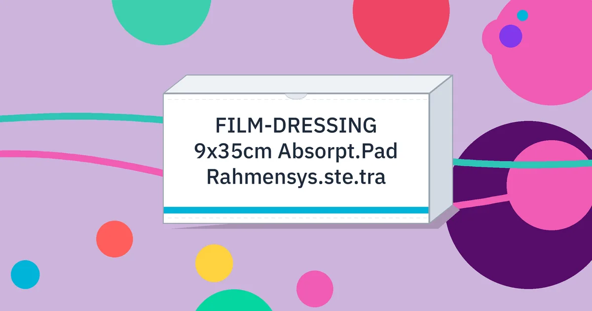 Symbolbild: Packung mit der Aufschrift FILM-DRESSING 9x35cm Absorpt.Pad Rahmensys.ste.tra (PZN 19509114) – Verfügbarkeit und Bezug in Apotheken in Frankfurt am Main