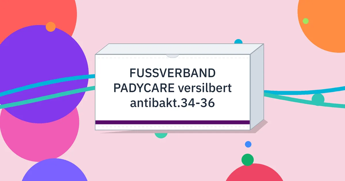 Symbolbild: Packung mit der Aufschrift FUSSVERBAND PADYCARE versilbert antibakt.34-36 (PZN 10940069) – Verfügbarkeit und Bezug in Apotheken in Frankfurt am Main