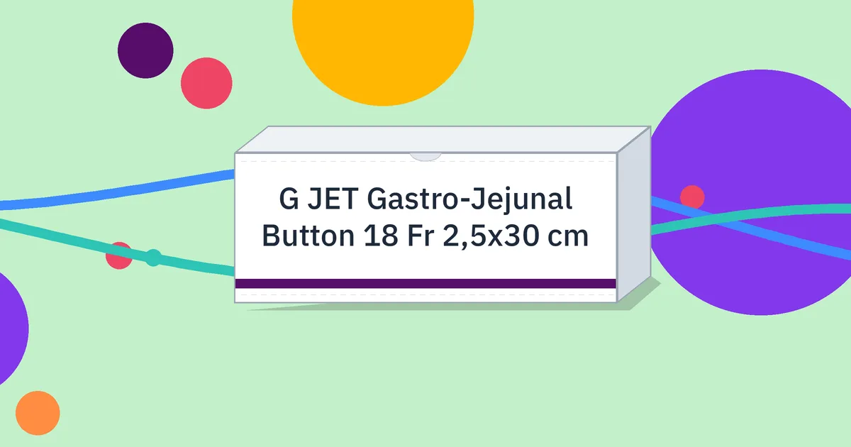 Symbolbild: Packung mit der Aufschrift G JET Gastro-Jejunal Button 18 Fr 2,5x30 cm (PZN 14343525) – Verfügbarkeit und Bezug in Apotheken in Frankfurt am Main