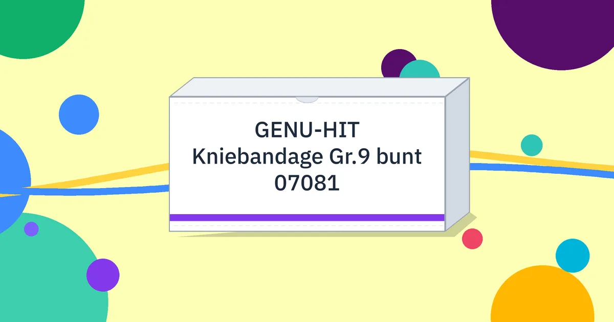 Symbolbild: Packung mit der Aufschrift GENU-HIT Kniebandage Gr.9 bunt 07081 (PZN 15732016) – Verfügbarkeit und Bezug in Apotheken in Frankfurt am Main