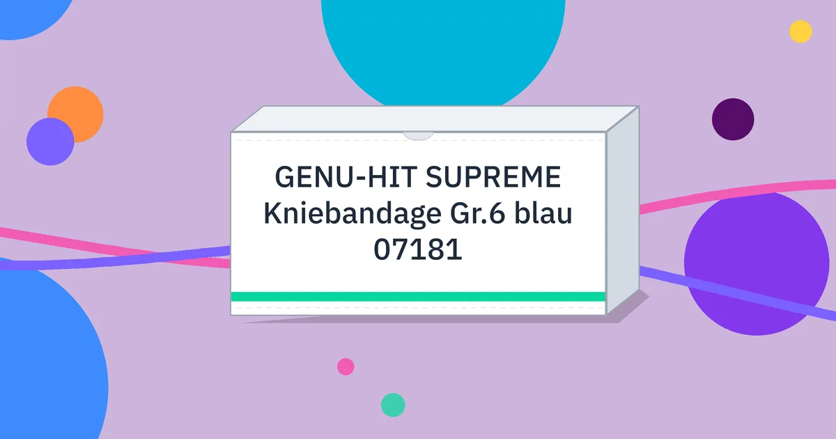 Symbolbild: Packung mit der Aufschrift GENU-HIT SUPREME Kniebandage Gr.6 blau 07181 (PZN 16931410) – Verfügbarkeit und Bezug in Apotheken in Frankfurt am Main