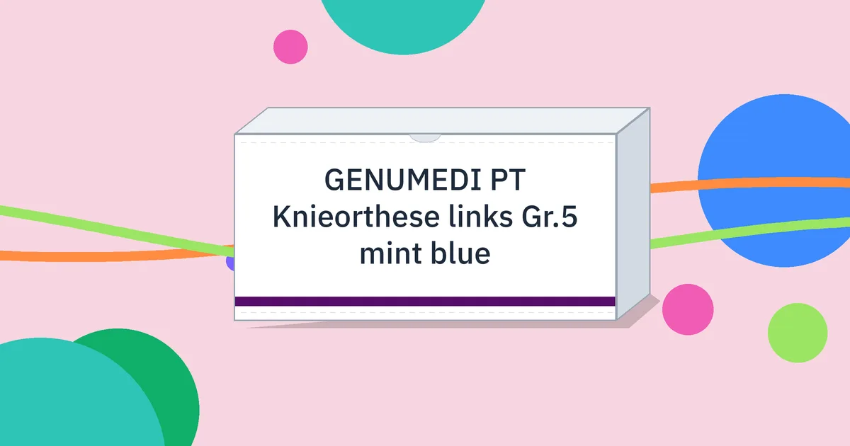 Symbolbild: Packung mit der Aufschrift GENUMEDI PT Knieorthese links Gr.5 mint blue (PZN 17982527) – Verfügbarkeit und Bezug in Apotheken in Frankfurt am Main