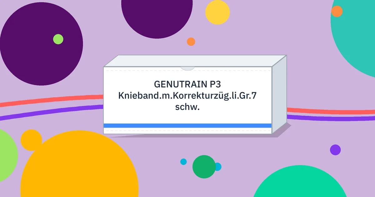Symbolbild: Packung mit der Aufschrift GENUTRAIN P3 Knieband.m.Korrekturzüg.li.Gr.7 schw. (PZN 20186426) – Verfügbarkeit und Bezug in Apotheken in Frankfurt am Main