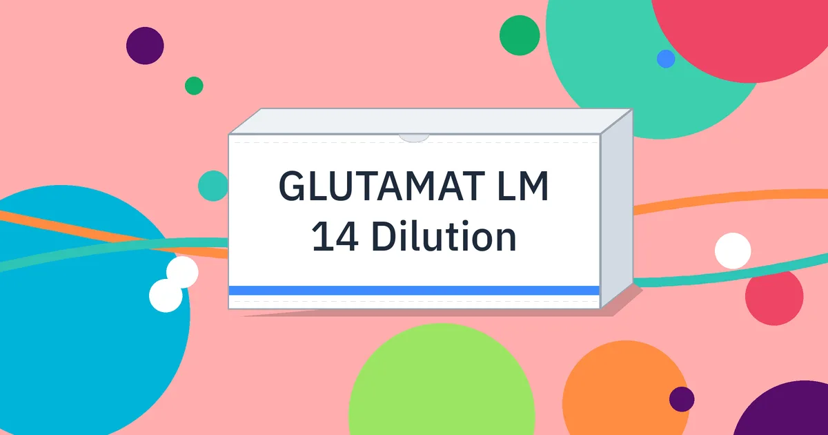 Symbolbild: Packung mit der Aufschrift GLUTAMAT LM 14 Dilution (PZN 12879440) – Verfügbarkeit und Bezug in Apotheken in Frankfurt am Main