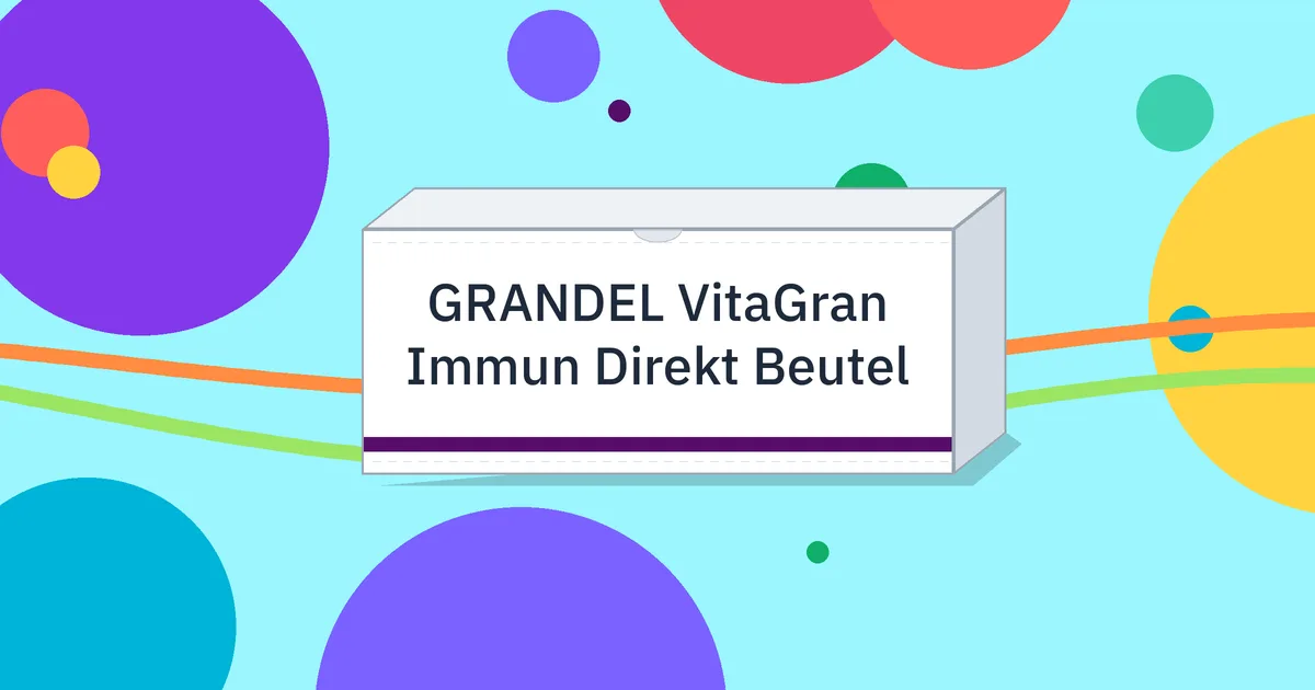 Symbolbild: Packung mit der Aufschrift GRANDEL VitaGran Immun Direkt Beutel (PZN 04760535) – Verfügbarkeit und Bezug in Apotheken in Frankfurt am Main
