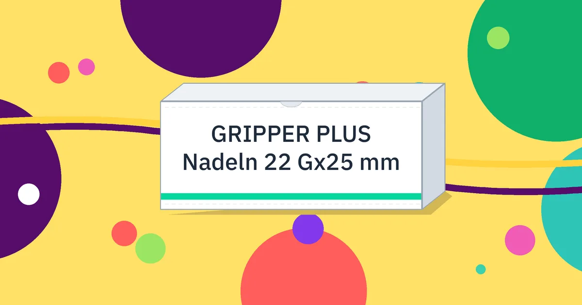 Symbolbild: Packung mit der Aufschrift GRIPPER PLUS Nadeln 22 Gx25 mm (PZN 00435778) – Verfügbarkeit und Bezug in Apotheken in Frankfurt am Main
