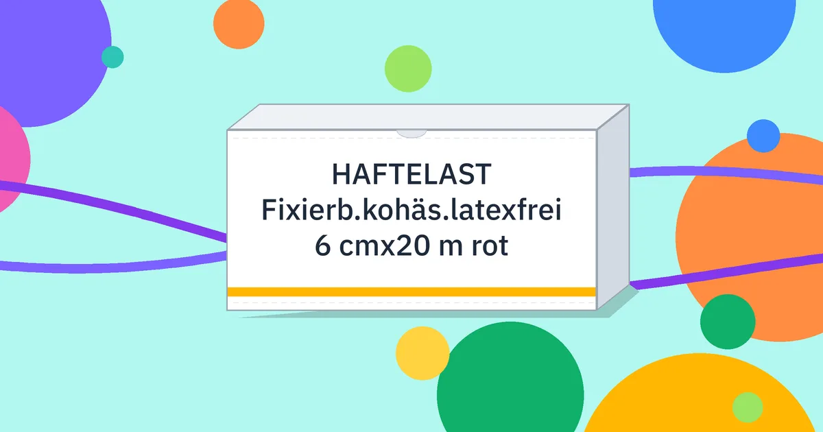 Symbolbild: Packung mit der Aufschrift HAFTELAST Fixierb.kohäs.latexfrei 6 cmx20 m rot (PZN 08817338) – Verfügbarkeit und Bezug in Apotheken in Frankfurt am Main