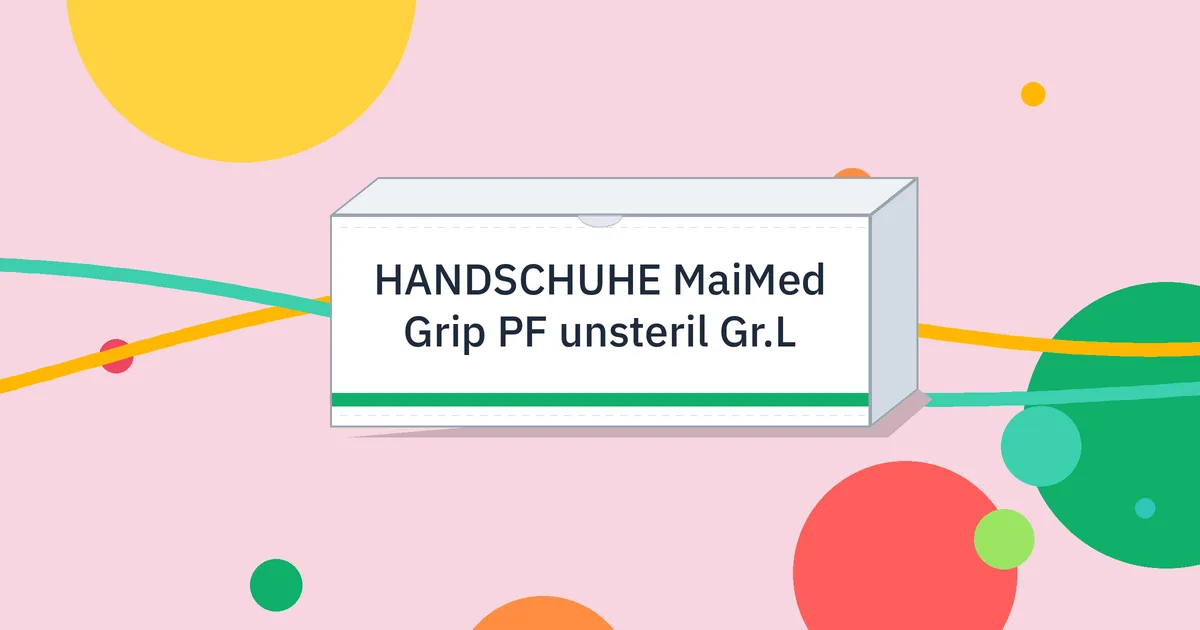 Symbolbild: Packung mit der Aufschrift HANDSCHUHE MaiMed Grip PF unsteril Gr.L (PZN 01603887) – Verfügbarkeit und Bezug in Apotheken in Frankfurt am Main