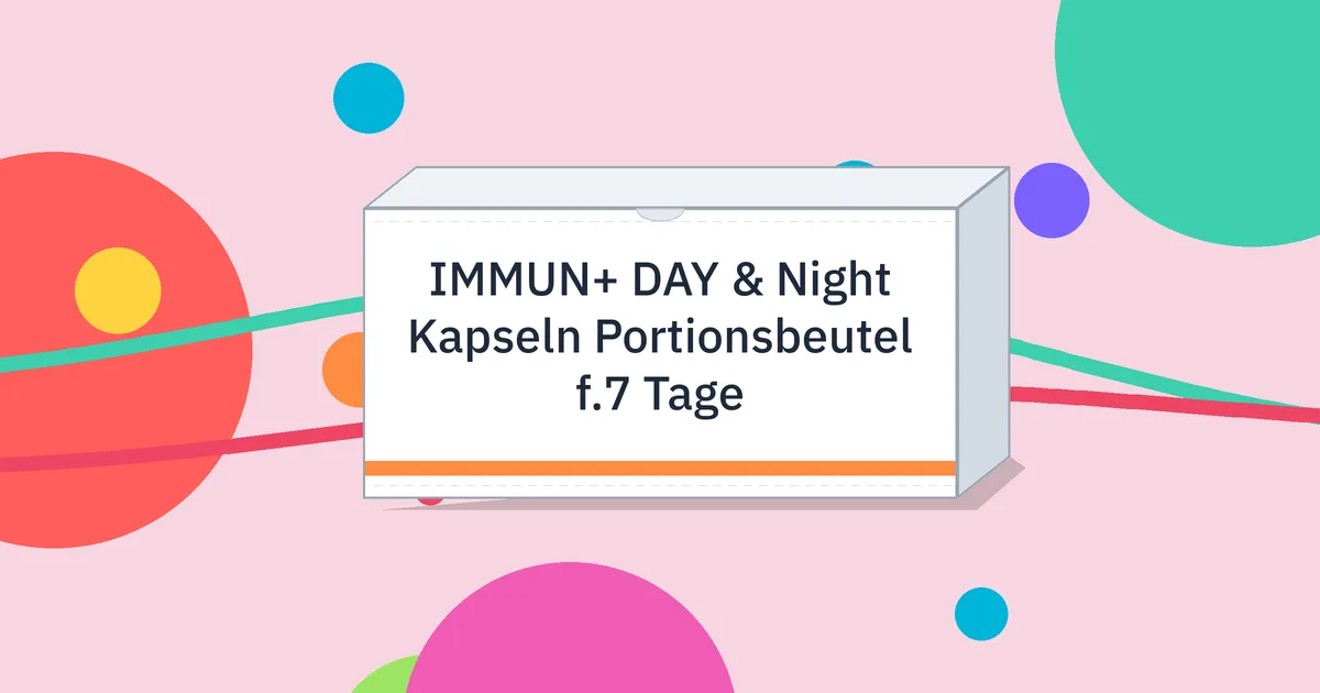 Symbolbild: Packung mit der Aufschrift IMMUN+ DAY & Night Kapseln Portionsbeutel f.7 Tage (PZN 17593955) – Verfügbarkeit und Bezug in Apotheken in Frankfurt am Main