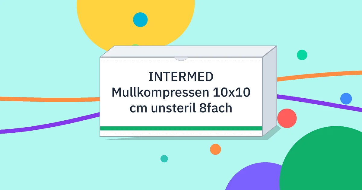 Symbolbild: Packung mit der Aufschrift INTERMED Mullkompressen 10x10 cm unsteril 8fach (PZN 02720336) – Verfügbarkeit und Bezug in Apotheken in Frankfurt am Main