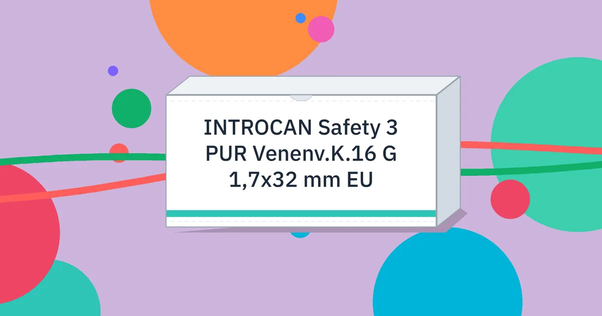 Symbolbild: Packung mit der Aufschrift INTROCAN Safety 3 PUR Venenv.K.16 G 1,7x32 mm EU (PZN 20345008) – Verfügbarkeit und Bezug in Apotheken in Frankfurt am Main