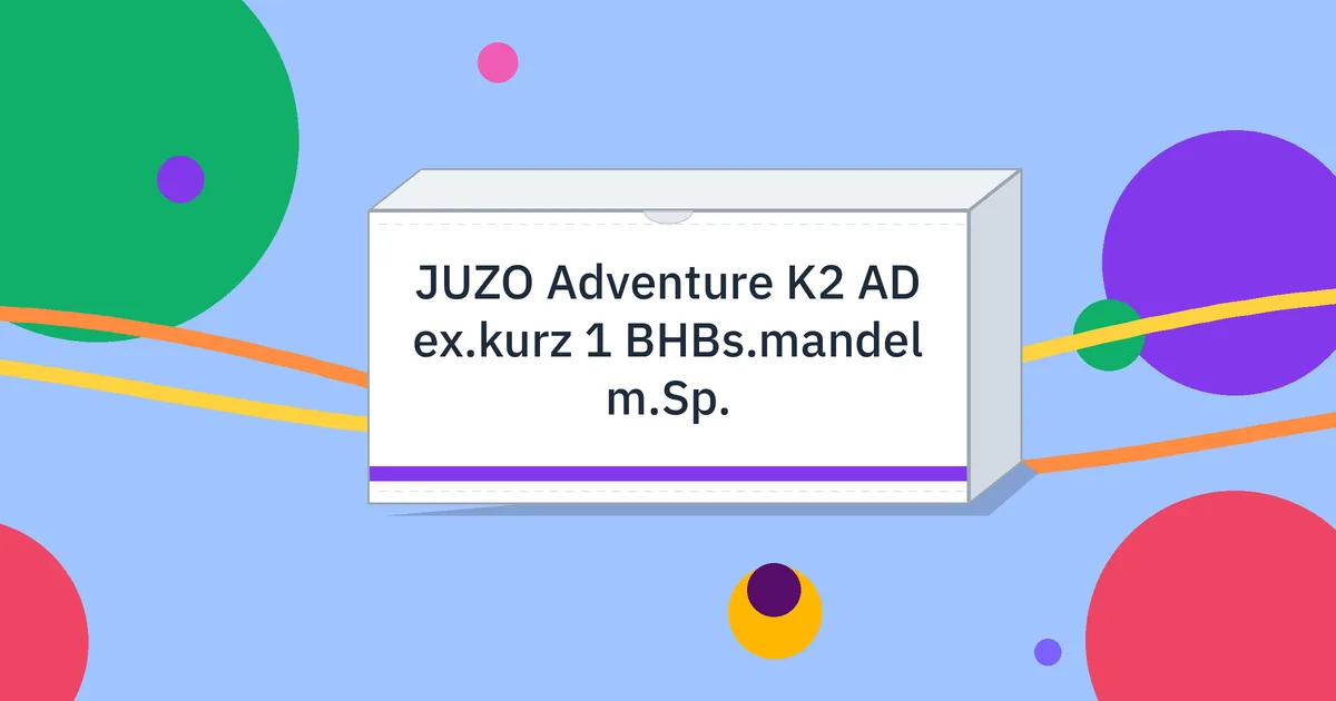 Symbolbild: Packung mit der Aufschrift JUZO Adventure K2 AD ex.kurz 1 BHBs.mandel m.Sp. (PZN 15497986) – Verfügbarkeit und Bezug in Apotheken in Frankfurt am Main