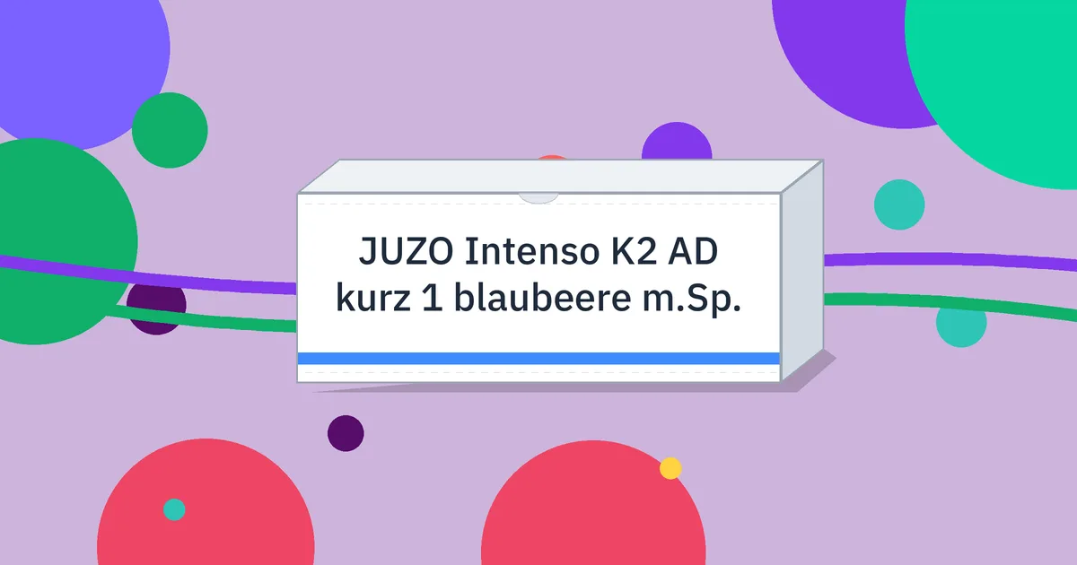 Symbolbild: Packung mit der Aufschrift JUZO Intenso K2 AD kurz 1 blaubeere m.Sp. (PZN 18607487) – Verfügbarkeit und Bezug in Apotheken in Frankfurt am Main