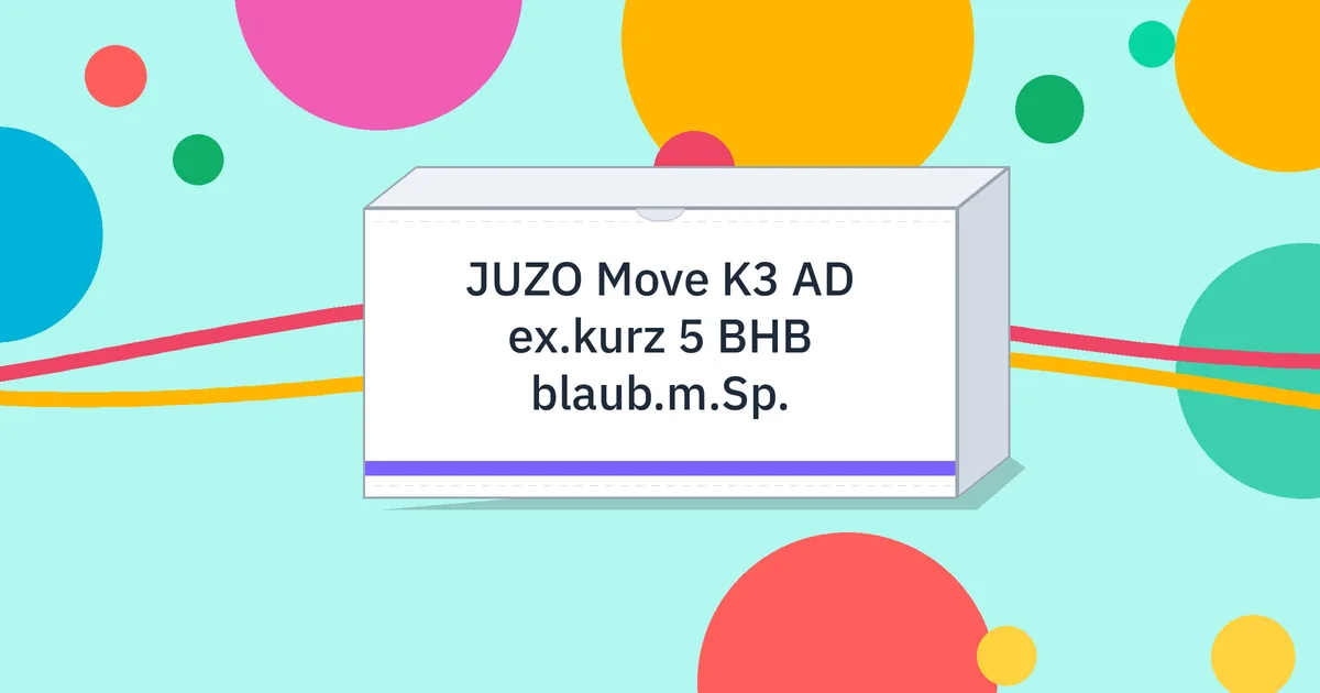 Symbolbild: Packung mit der Aufschrift JUZO Move K3 AD ex.kurz 5 BHB blaub.m.Sp. (PZN 18573601) – Verfügbarkeit und Bezug in Apotheken in Frankfurt am Main
