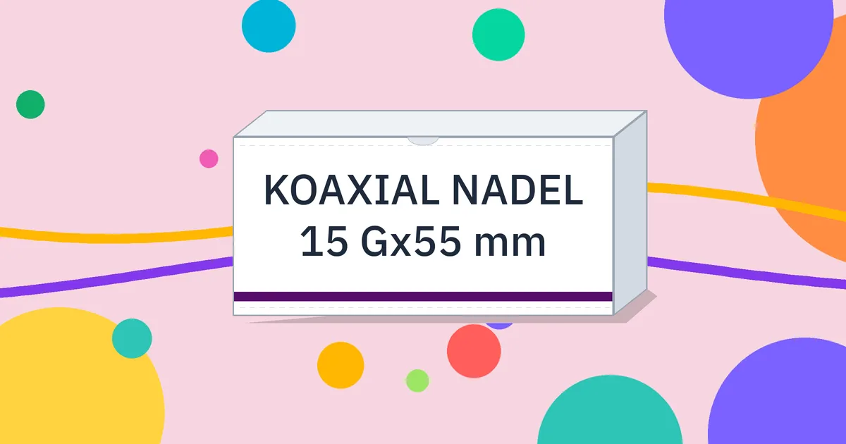 Symbolbild: Packung mit der Aufschrift KOAXIAL NADEL 15 Gx55 mm (PZN 19529418) – Verfügbarkeit und Bezug in Apotheken in Frankfurt am Main