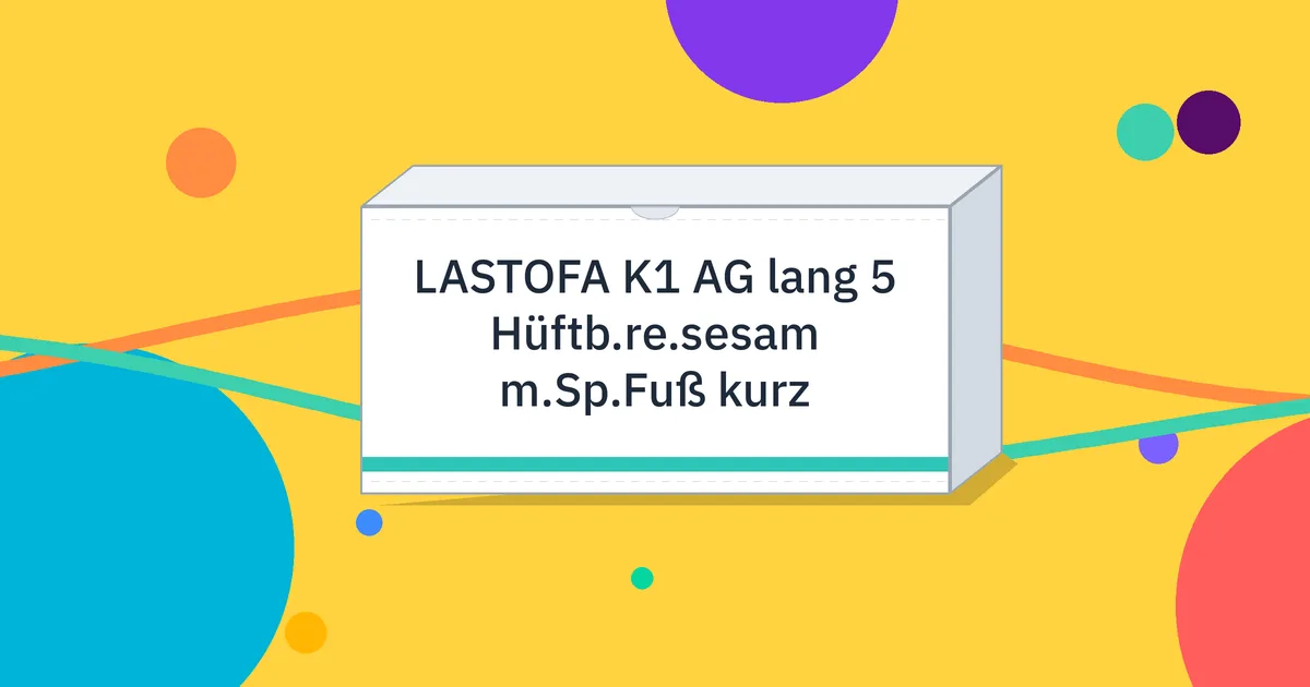 Symbolbild: Packung mit der Aufschrift LASTOFA K1 AG lang 5 Hüftb.re.sesam m.Sp.Fuß kurz (PZN 13798844) – Verfügbarkeit und Bezug in Apotheken in Frankfurt am Main
