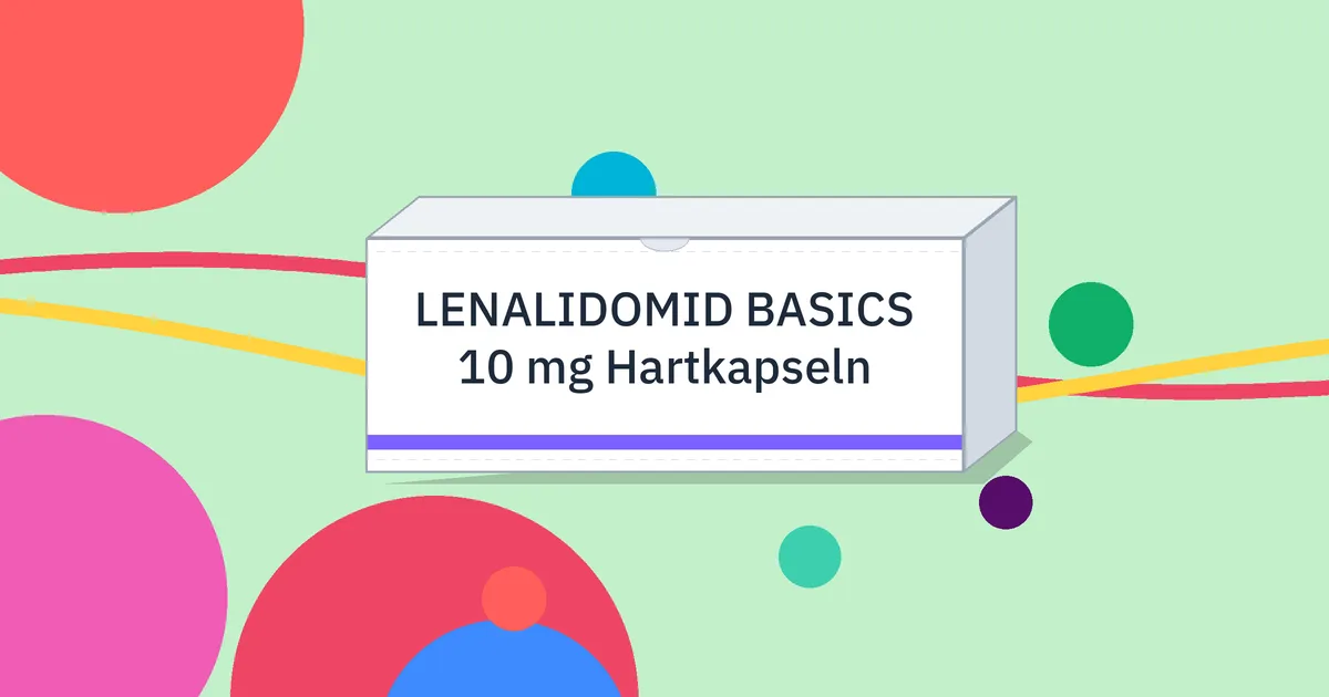 Symbolbild: Packung mit der Aufschrift LENALIDOMID BASICS 10 mg Hartkapseln (PZN 17816622) – Verfügbarkeit und Bezug in Apotheken in Frankfurt am Main