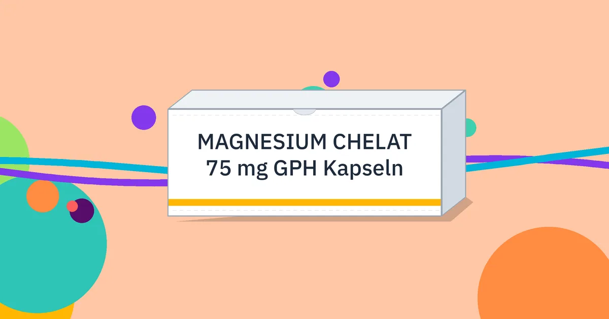Symbolbild: Packung mit der Aufschrift MAGNESIUM CHELAT 75 mg GPH Kapseln (PZN 10081732) – Verfügbarkeit und Bezug in Apotheken in Frankfurt am Main