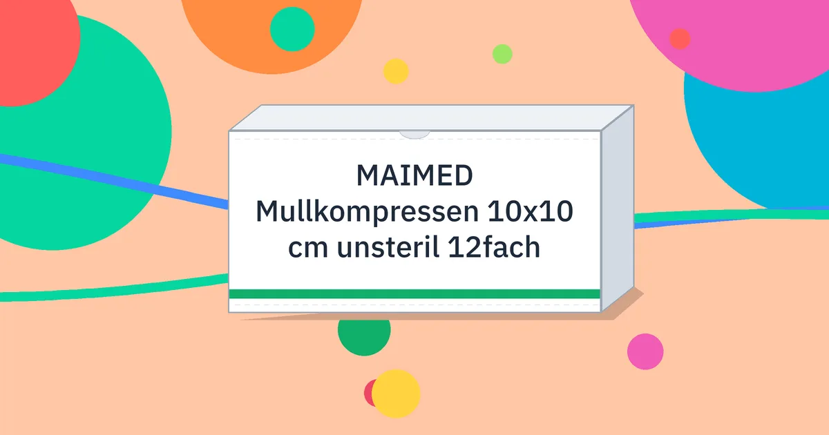 Symbolbild: Packung mit der Aufschrift MAIMED Mullkompressen 10x10 cm unsteril 12fach (PZN 02299701) – Verfügbarkeit und Bezug in Apotheken in Frankfurt am Main