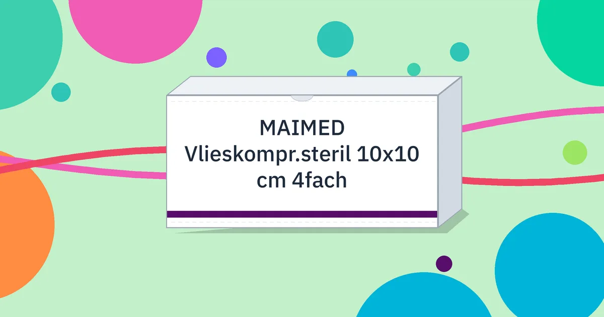 Symbolbild: Packung mit der Aufschrift MAIMED Vlieskompr.steril 10x10 cm 4fach (PZN 03188889) – Verfügbarkeit und Bezug in Apotheken in Frankfurt am Main
