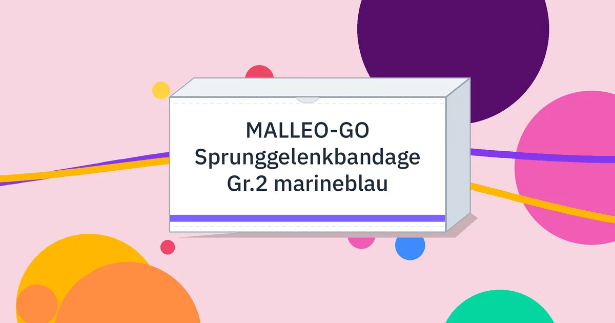 Symbolbild: Packung mit der Aufschrift MALLEO-GO Sprunggelenkbandage Gr.2 marineblau (PZN 19742307) – Verfügbarkeit und Bezug in Apotheken in Frankfurt am Main