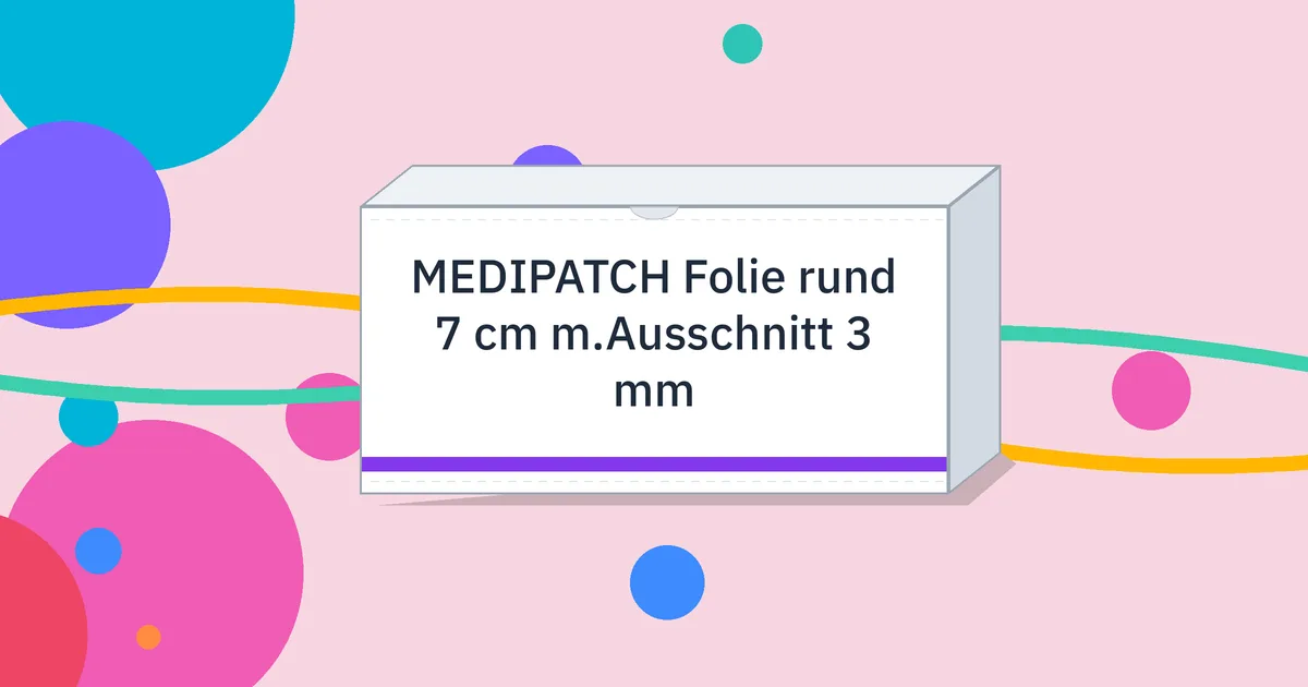 Symbolbild: Packung mit der Aufschrift MEDIPATCH Folie rund 7 cm m.Ausschnitt 3 mm (PZN 03383160) – Verfügbarkeit und Bezug in Apotheken in Frankfurt am Main