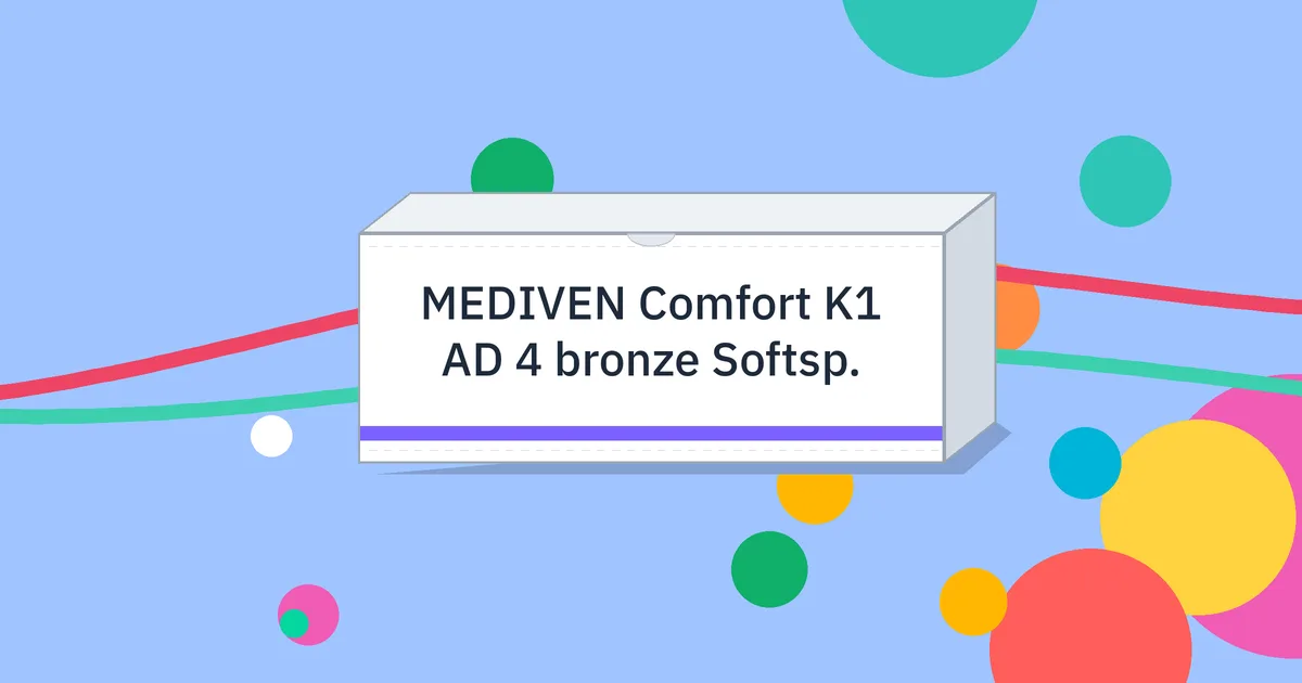 Symbolbild: Packung mit der Aufschrift MEDIVEN Comfort K1 AD 4 bronze Softsp. (PZN 14559260) – Verfügbarkeit und Bezug in Apotheken in Frankfurt am Main