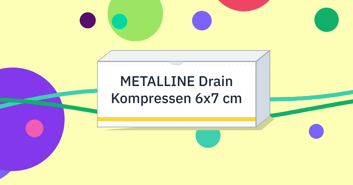 Symbolbild: Packung mit der Aufschrift METALLINE Drain Kompressen 6x7 cm (PZN 09395626) – Verfügbarkeit und Bezug in Apotheken in Frankfurt am Main