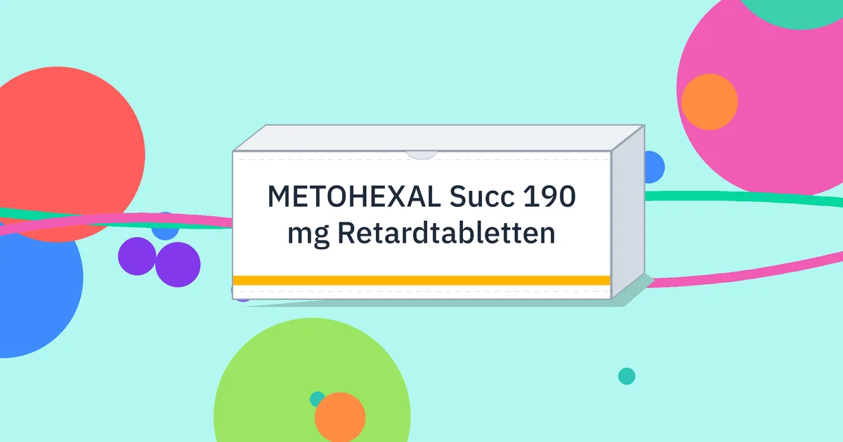 Symbolbild: Packung mit der Aufschrift METOHEXAL Succ 190 mg Retardtabletten (PZN 00850520) – Verfügbarkeit und Bezug in Apotheken in Frankfurt am Main