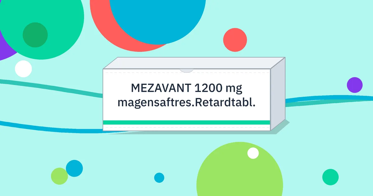 Symbolbild: Packung mit der Aufschrift MEZAVANT 1200 mg magensaftres.Retardtabl. (PZN 15387789) – Verfügbarkeit und Bezug in Apotheken in Frankfurt am Main