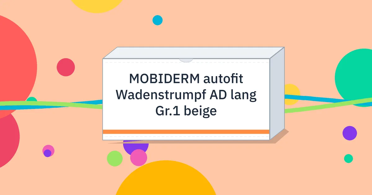 Symbolbild: Packung mit der Aufschrift MOBIDERM autofit Wadenstrumpf AD lang Gr.1 beige (PZN 19742046) – Verfügbarkeit und Bezug in Apotheken in Frankfurt am Main