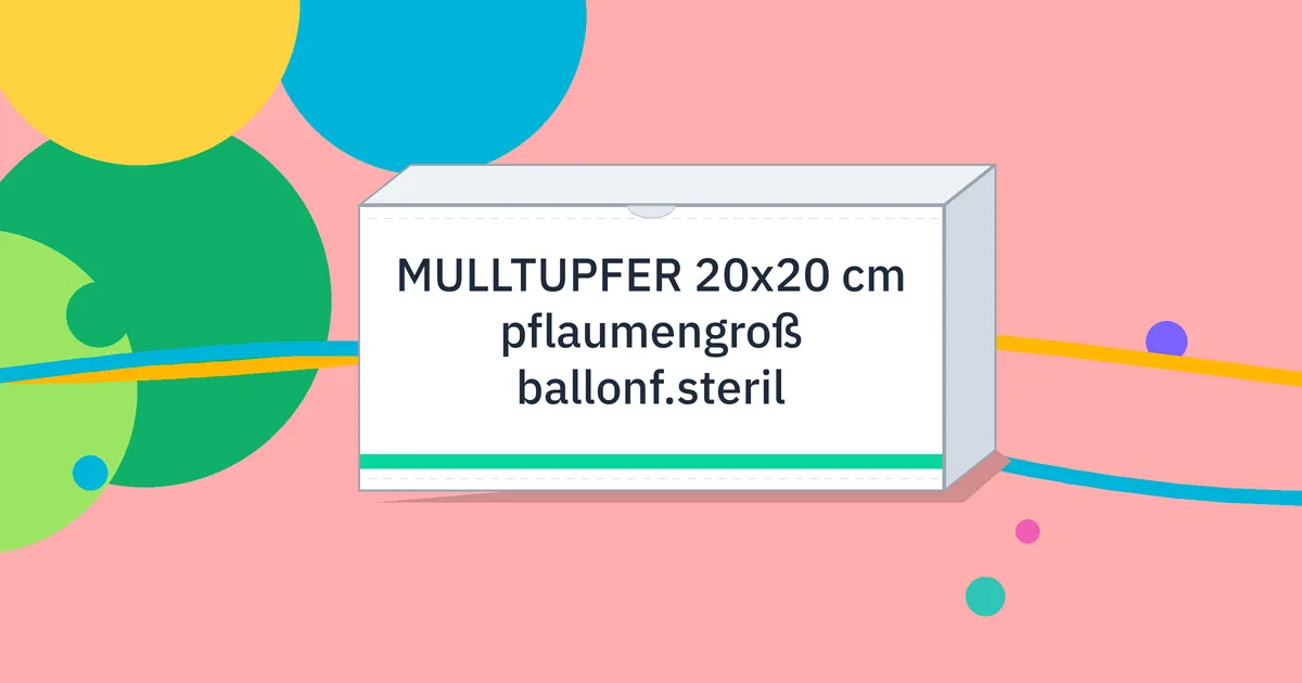 Symbolbild: Packung mit der Aufschrift MULLTUPFER 20x20 cm pflaumengroß ballonf.steril (PZN 16236644) – Verfügbarkeit und Bezug in Apotheken in Frankfurt am Main